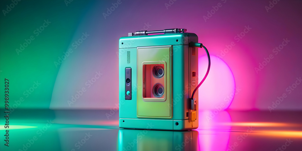 Bright neon cassette walkman from the 80s with bold retro colors ...