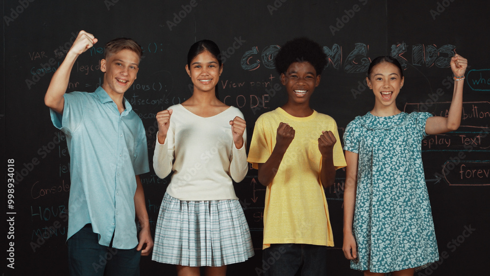Diverse academic student cheering and celebrate successful project ...
