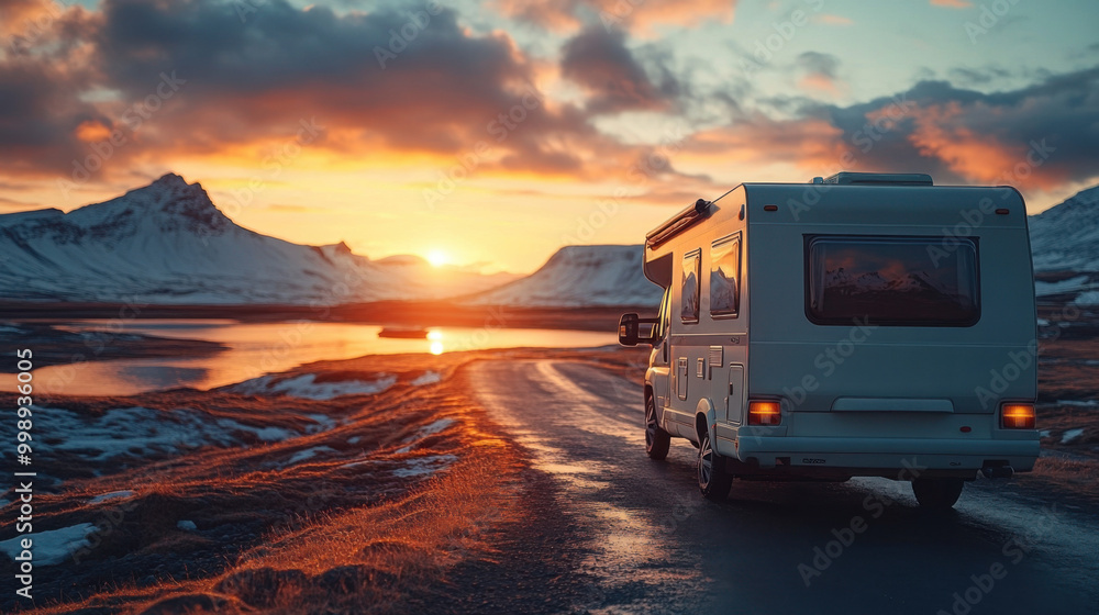 RV Motorhome camper van road trip. Tourists in rental car campervan by ...