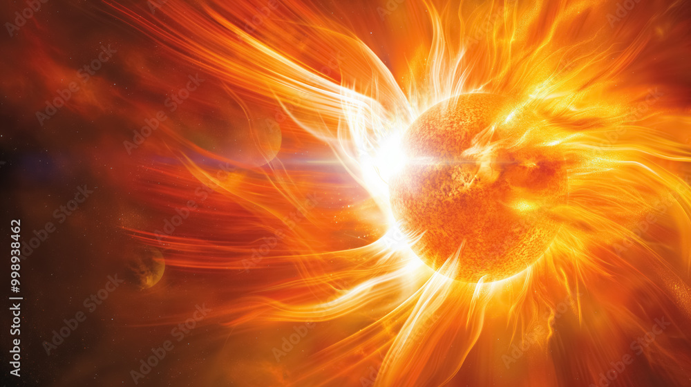 Dynamic, fiery image of the sun emitting intense solar flares and ...