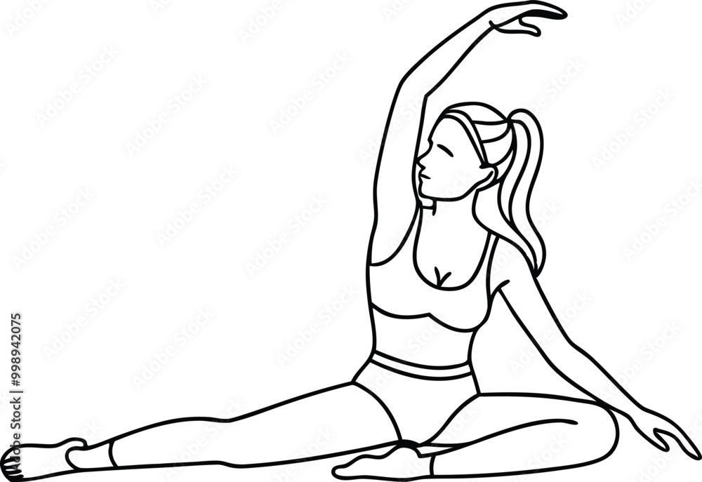 Vetor de Continuous line art drawing of a woman stretching and relaxing ...