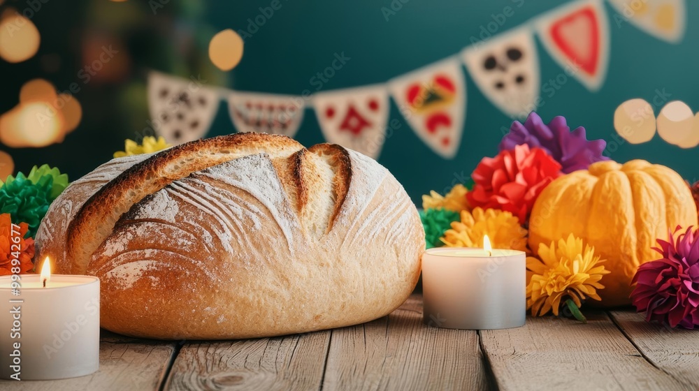 Pan de muerto bread placed on a richly decorated altar, surrounded by ...
