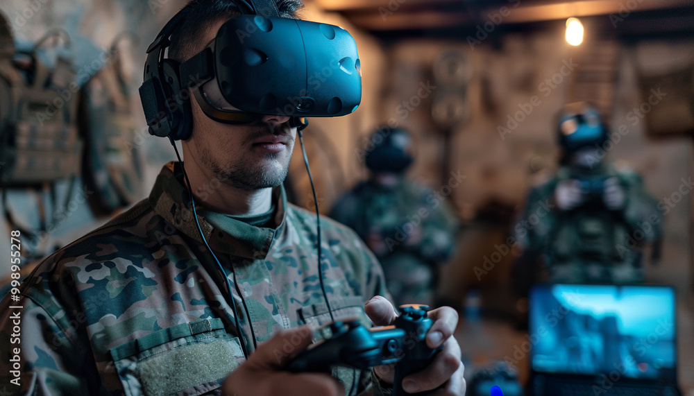 Military army soldier FPV drone pilot flying a drone in a bunker ...