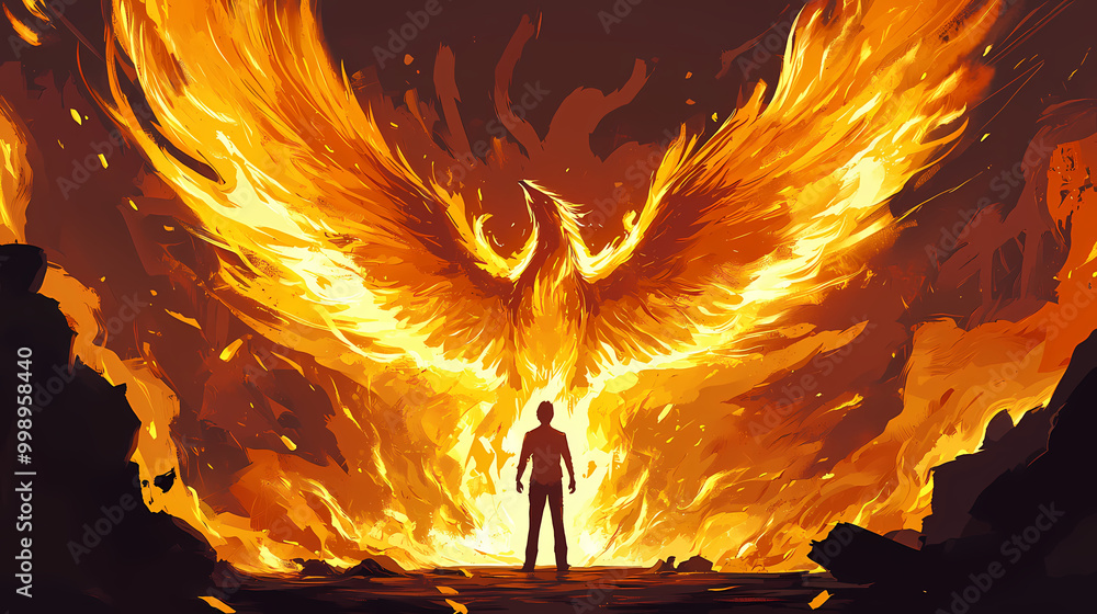 Motivation depicted as a phoenix rising from ashes of past failures ...