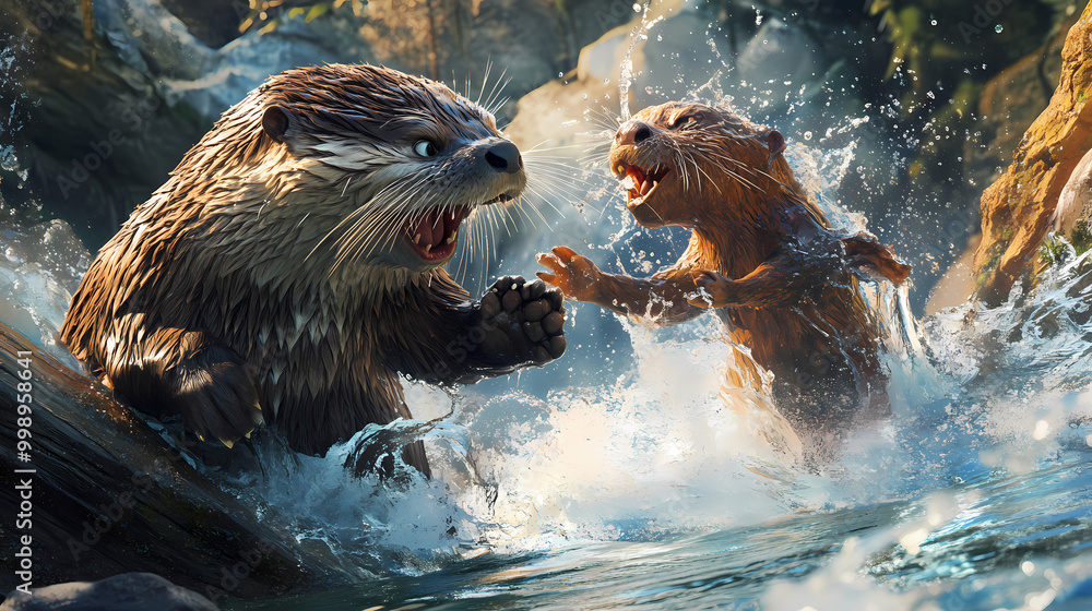 Movie poster, a playful otter teasing a grumpy bridge troll with ...