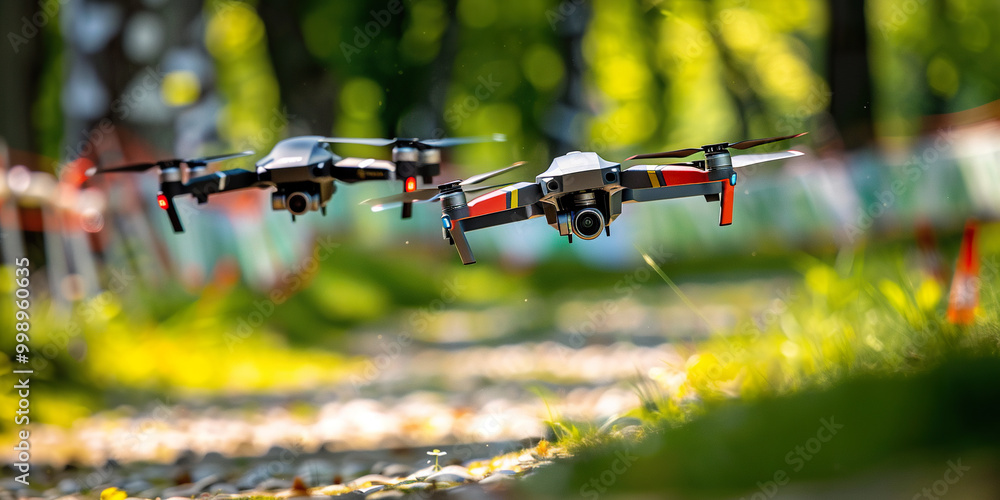 Drone race, FPV drones flying through obstacles, competition, sport ...