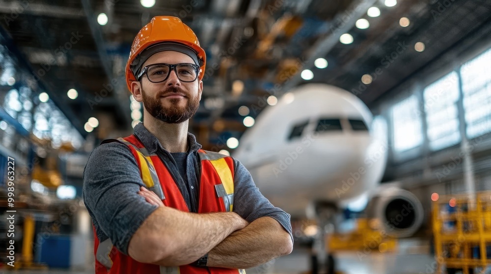 An airport worker wearing a safety vest stands with arms crossed in ...