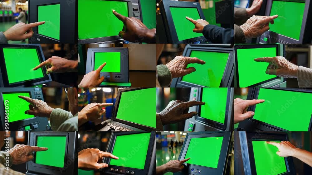 4x4 Collage grid of a diverse group of voters hands as they operate an ...