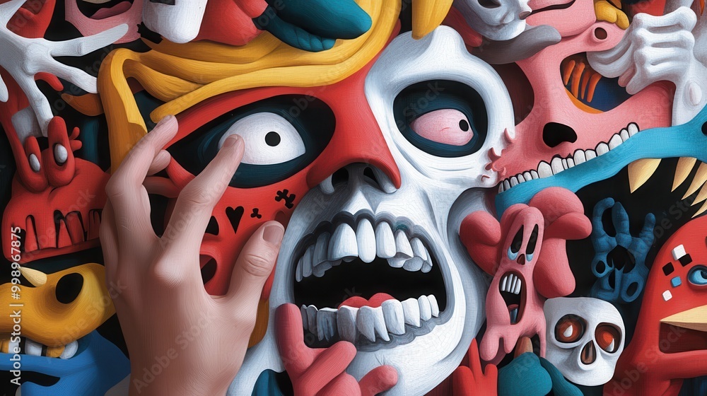 An abstract, face-themed artwork featuring surreal elements and bold ...