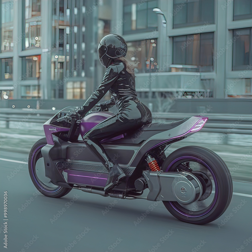 Modern girl in helmet and overalls sits on a cool racing motorcycle ...