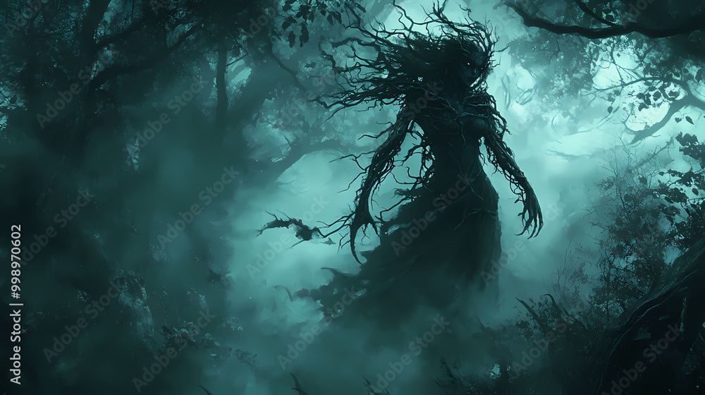 Vampire in the woods,in the midst of a mist-laden forest, a hauntingly ...