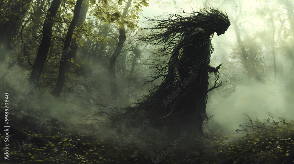 Vampire in the woods,in the midst of a mist-laden forest, a hauntingly ...