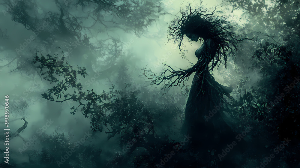 Vampire in the woods,in the midst of a mist-laden forest, a hauntingly ...