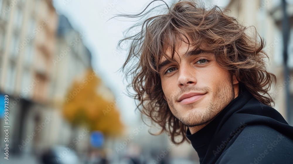 A young man with wild, wind-swept hair stands in an urban street ...