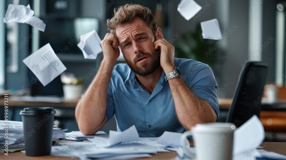 An exhausted man in a cluttered office, surrounded by flying papers and ...