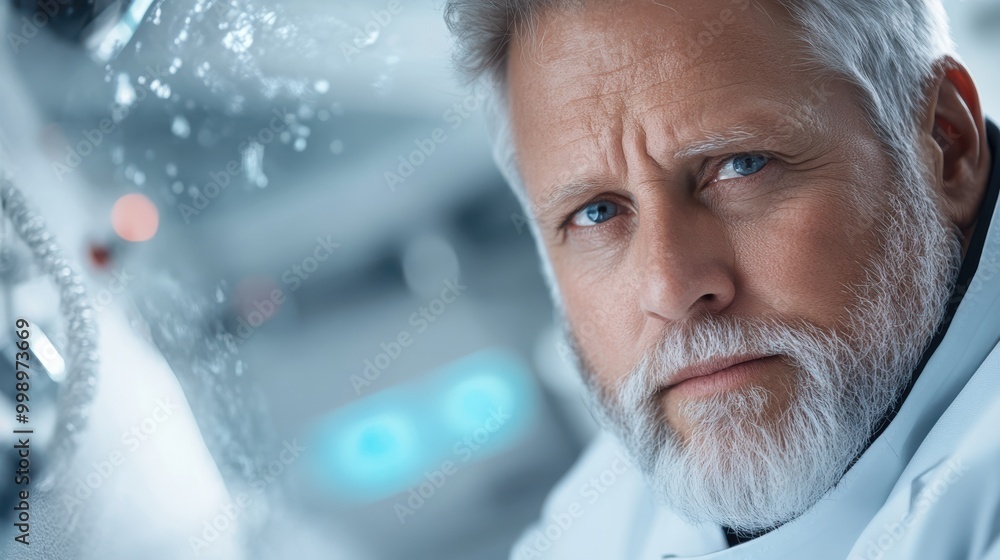 Portrait of an elderly male scientist with gray hair and beard ...