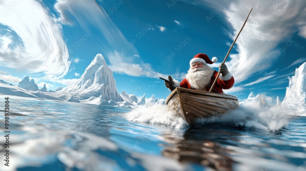 Santa Claus, in his iconic red suit, rowing a wooden boat through the ...