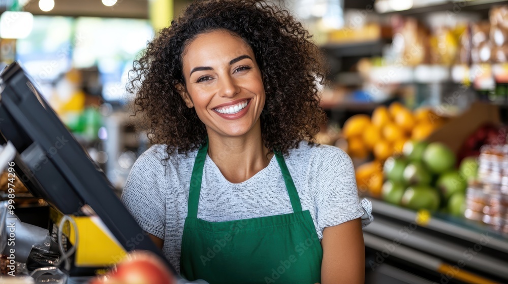 A cashier with curly hair wearing a green apron operates at the ...