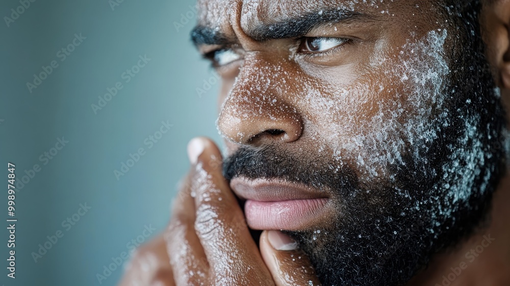 This image provides an intimate close-up look at a man’s ear and part ...