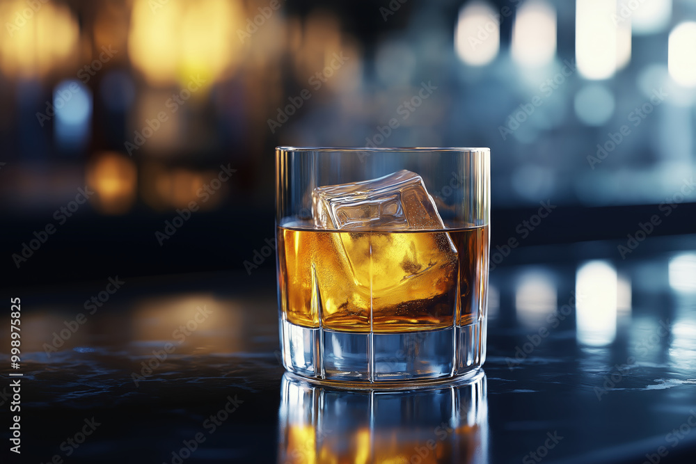 A photo of an Old Fashioned cocktail with one large ice cube on a ...