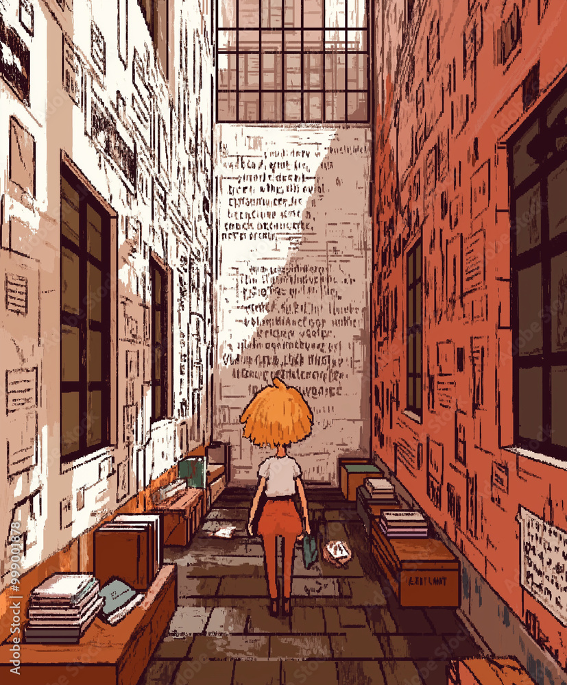 Pixel art character exploring cluttered alleyway with stacked books and ...