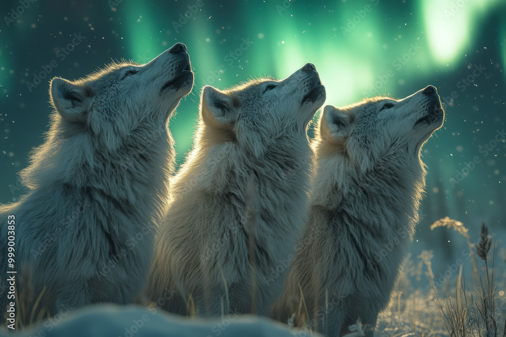 wolves in Alaska, howling at the moon in a profile side view, during ...