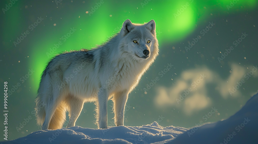 A Lone Wolf Under the Northern Lights. A lone Arctic wolf standing ...