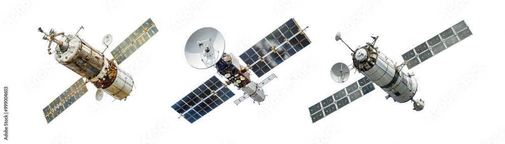 Pack of space satellites set on a transparent background in high ...