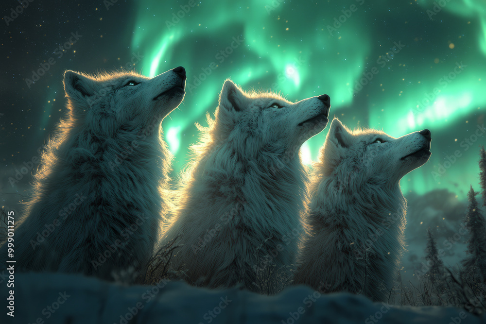 wolves in Alaska, howling at the moon in a profile side view, during ...