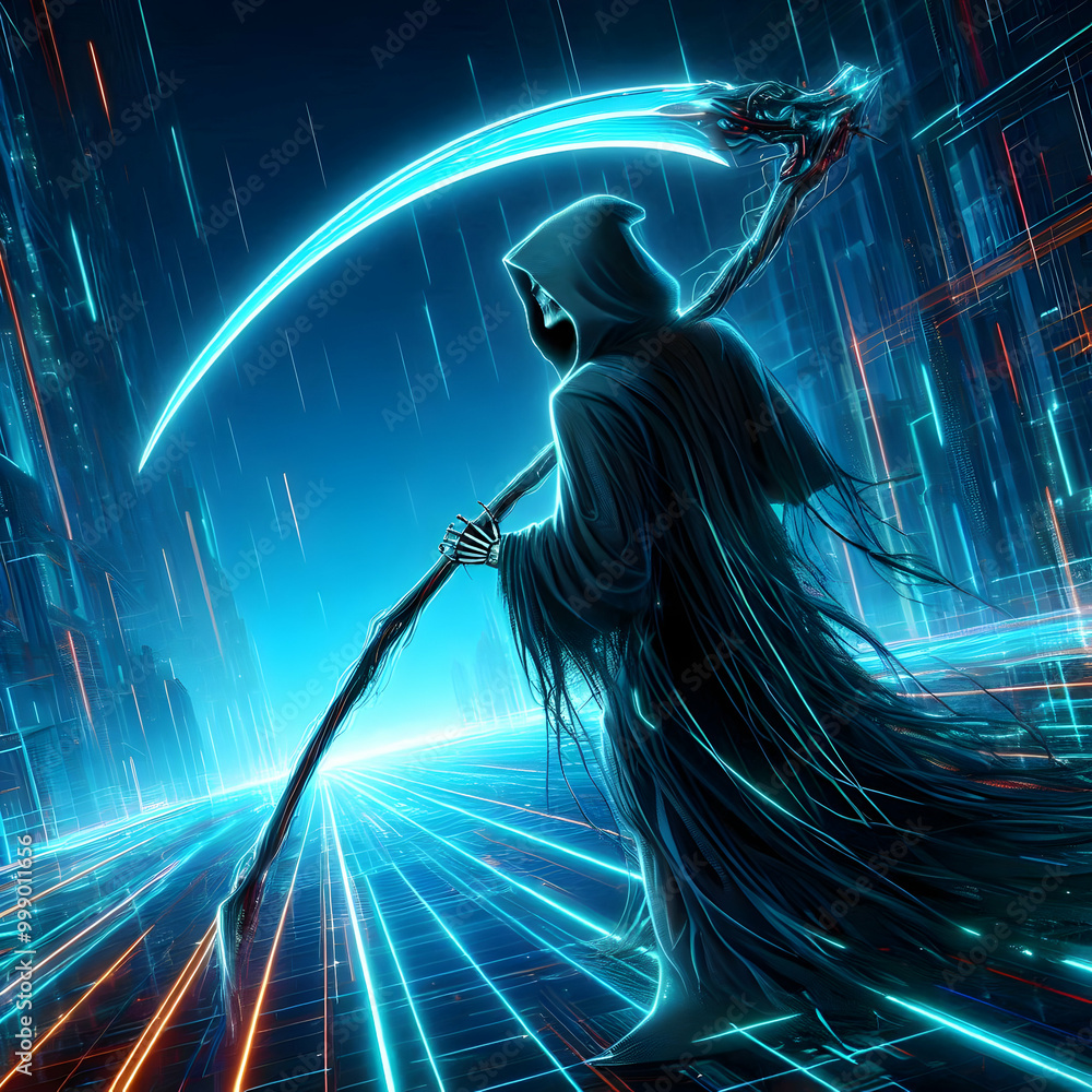 A futuristic Grim Reaper brandishes a neon, cyberpunk-inspired scythe ...