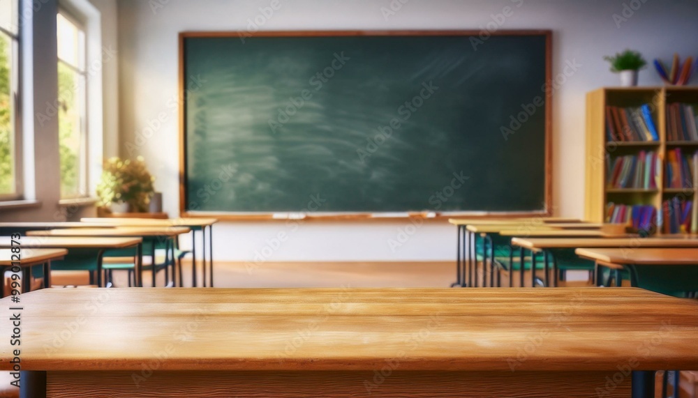 Wooden tabletop in a school classroom against a blackboard background ...