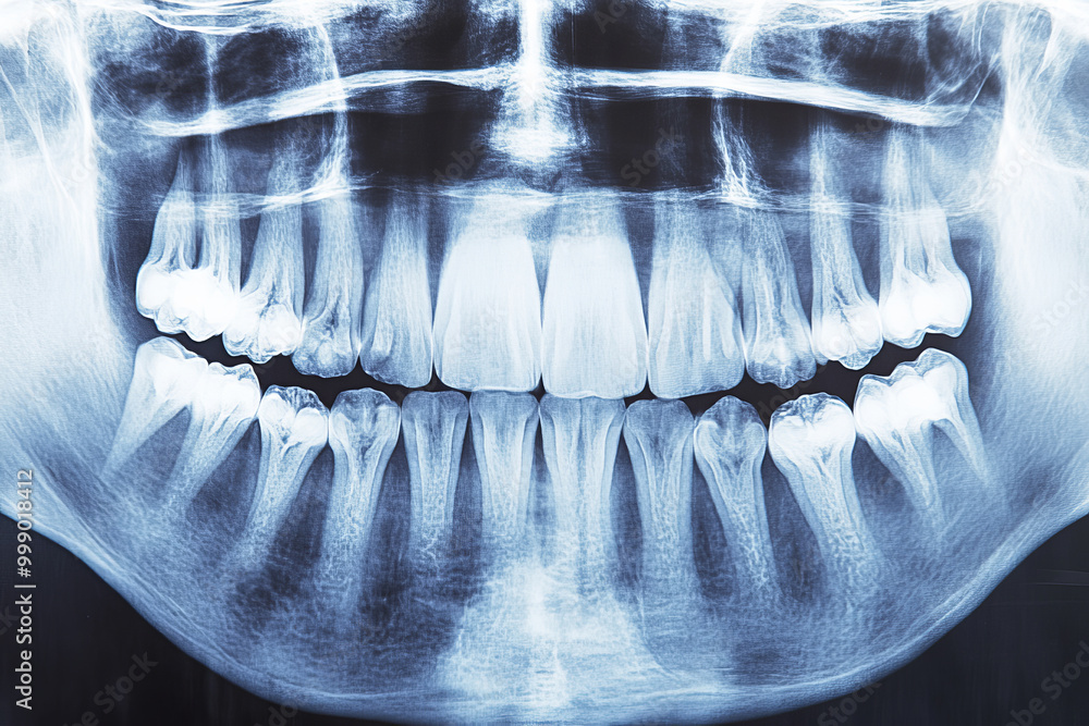 a dental X-ray showing the positioning of wisdom teeth in the jaw ...