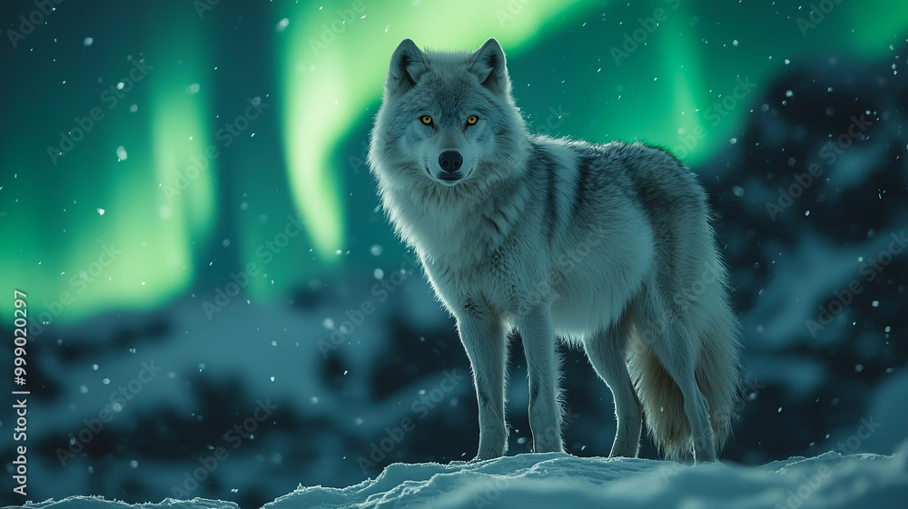 A Lone Wolf Under the Northern Lights. A lone Arctic wolf standing ...