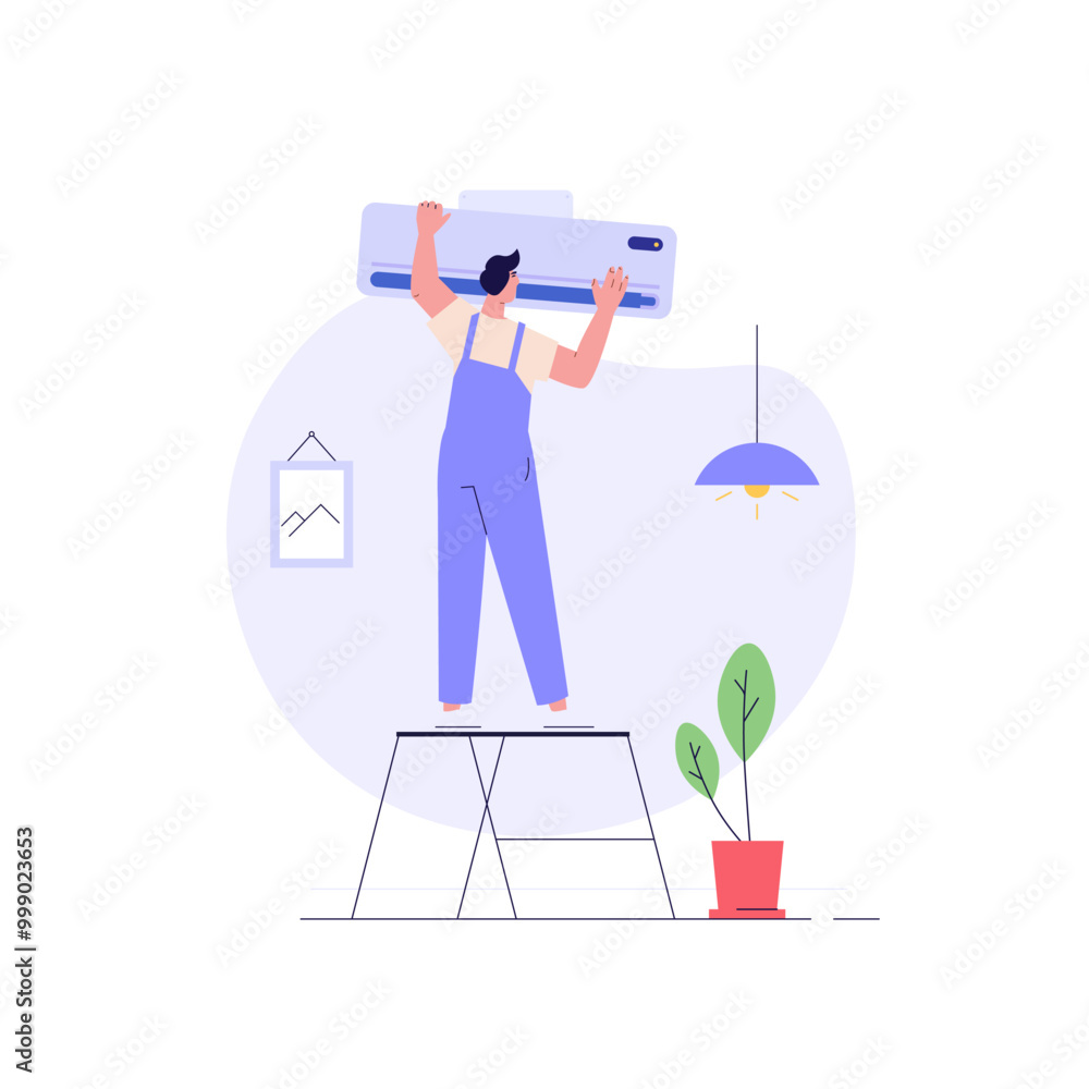 Engineer repairing air conditioner. Call master fixing air conditioning system. Technicians ...
