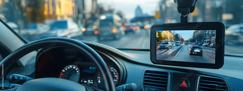 Video recorder screen in the car interior. Recording of traffic ...