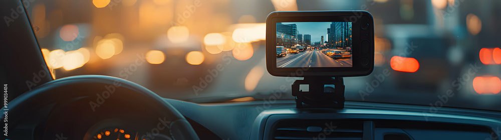 Video recorder screen in the car interior. Recording of traffic ...