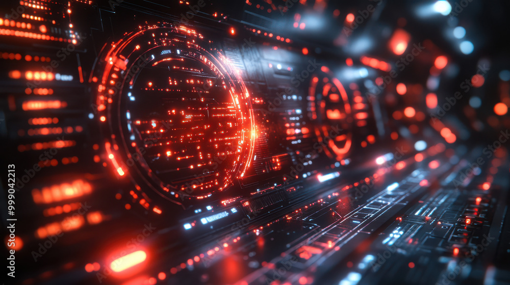 Futuristic red digital interface with glowing circuits and complex ...