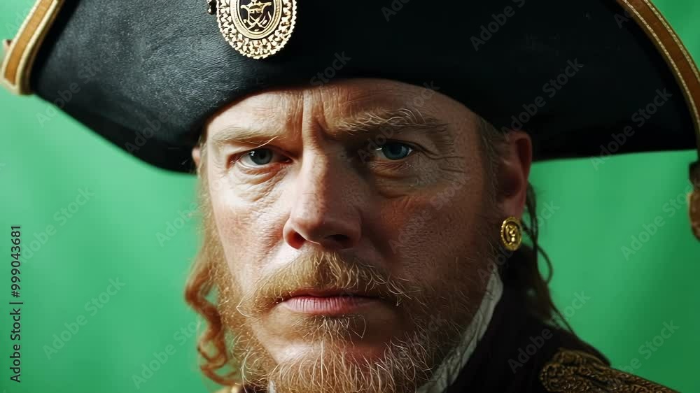 Mature actor wearing a period costume stands in front of a green screen ...
