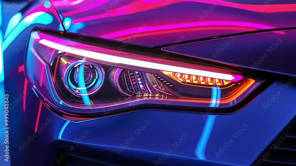 Sleek modern car headlight shines with neon lights, reflecting vibrant ...
