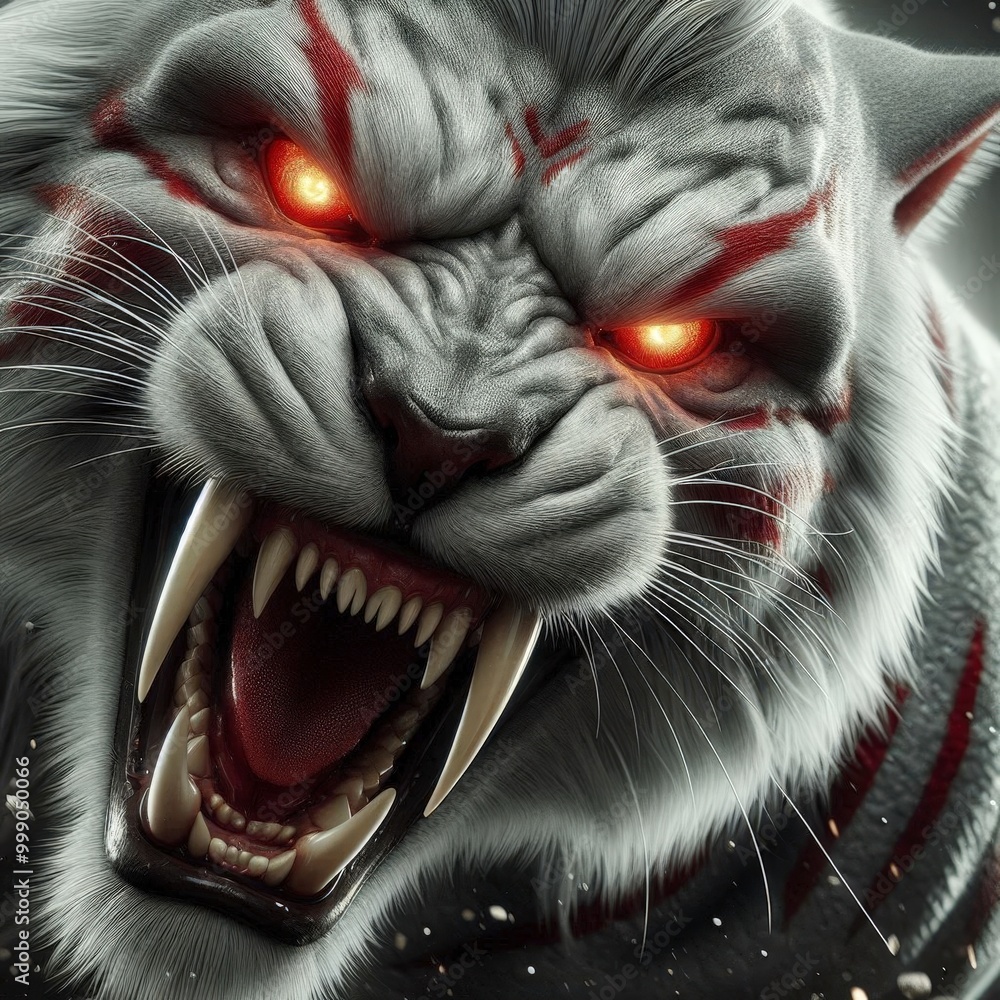 Intense Saber Toothed Beast Growling with Fierce Red Eyes in a Hyper ...