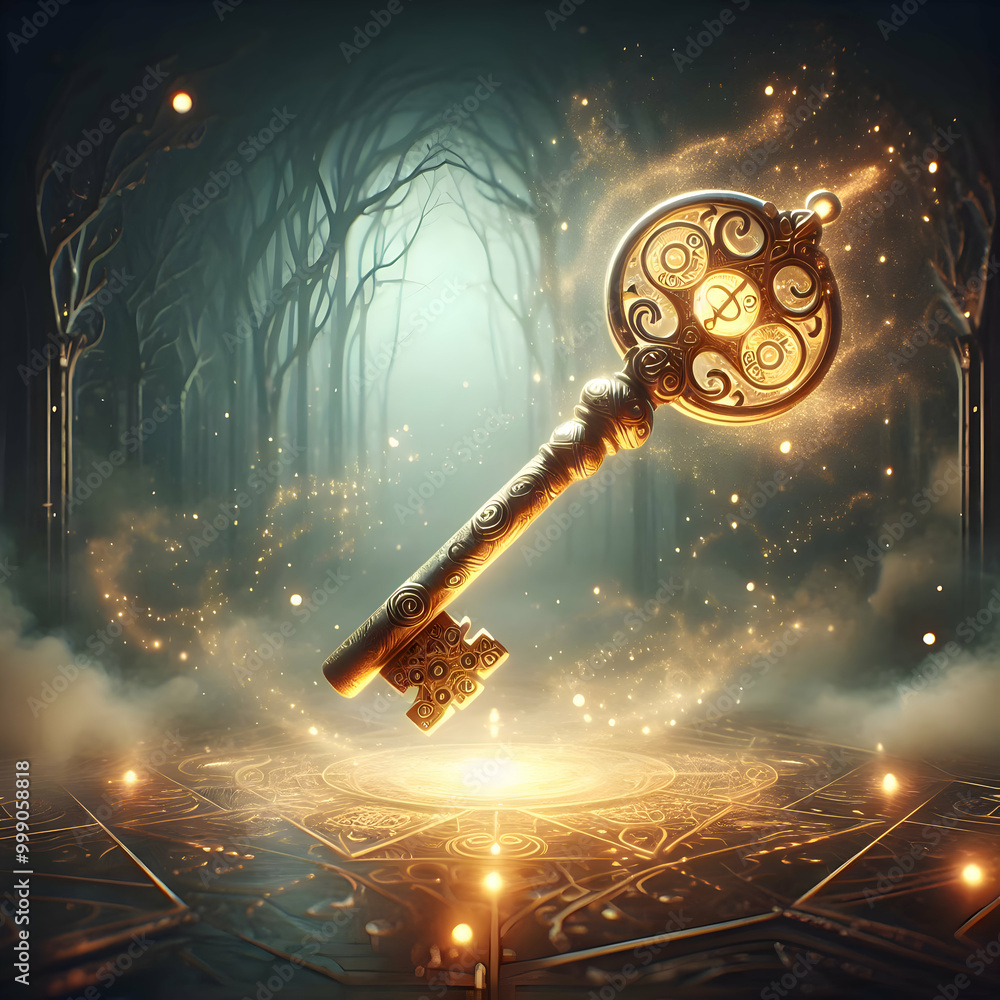 Magical Golden Key with Enchanting Symbols in a Mystical Forest Setting ...