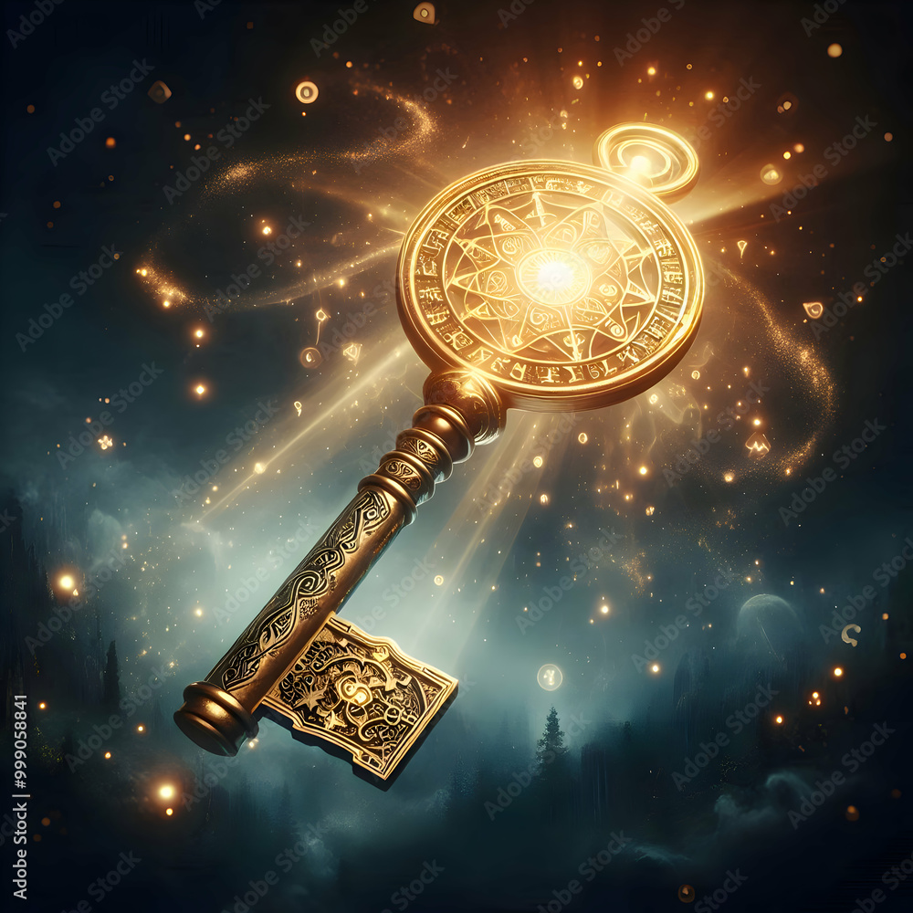 Magical Golden Key with Enchanting Symbols in a Mystical Forest Setting ...