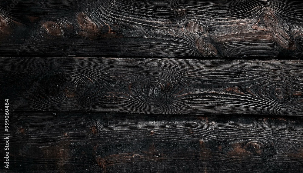 Burnt black wood texture. Charred charcoal. A wall made of damaged ...