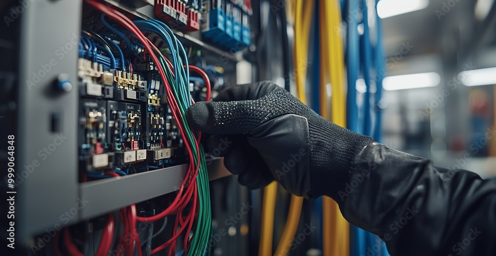 Professional electrician working on an electrical panel, touching a ...