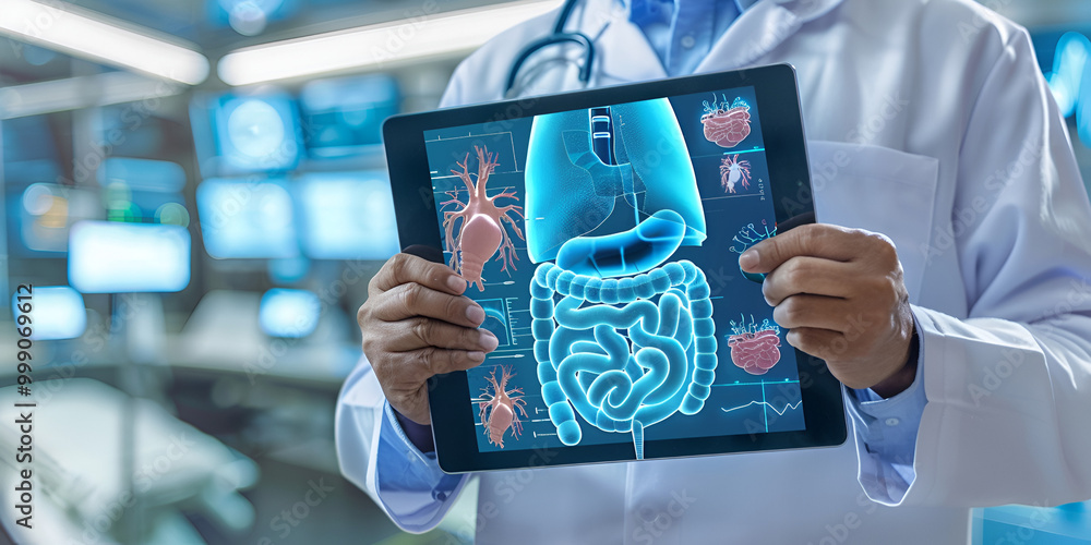 Gastroenterologist analyzing digestive system through digital ...