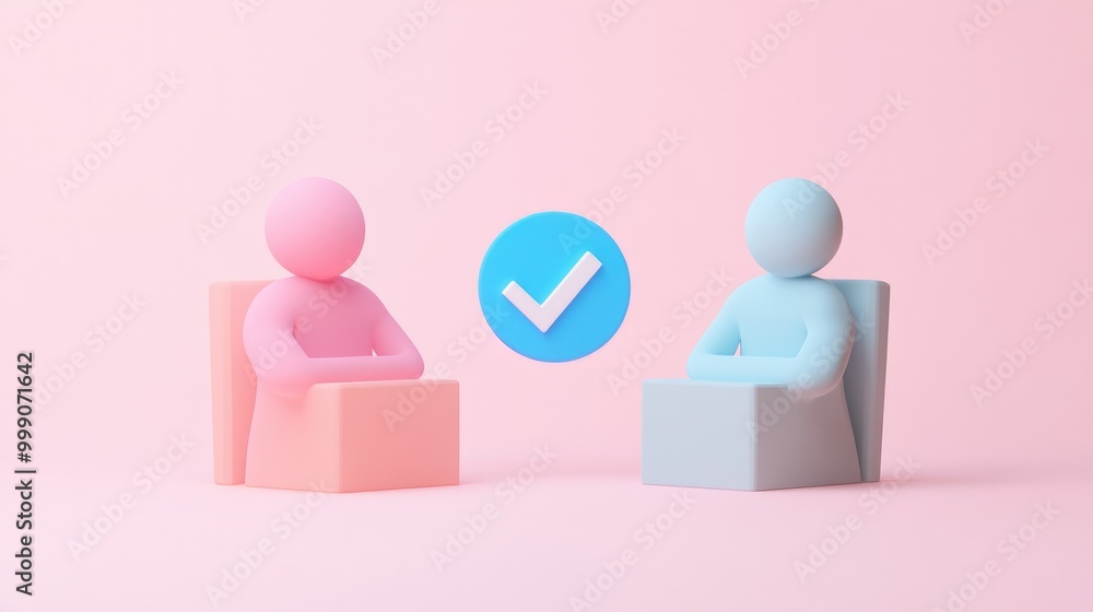 Two 3D figures sitting across from each other with a blue checkmark ...