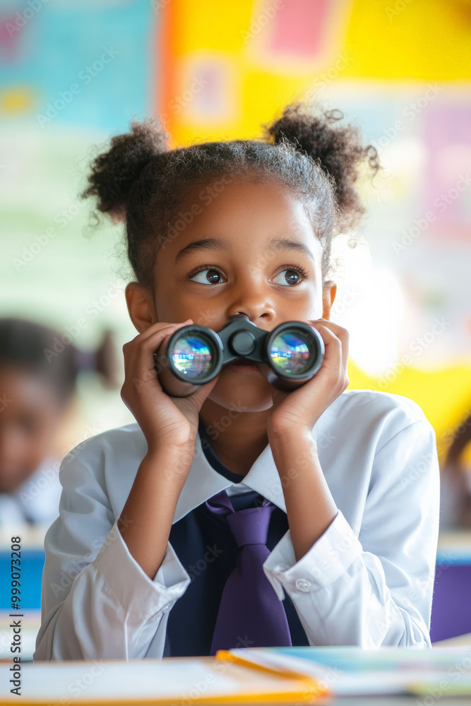 A Black girl in a crisp school uniform, seated at her desk in a ...