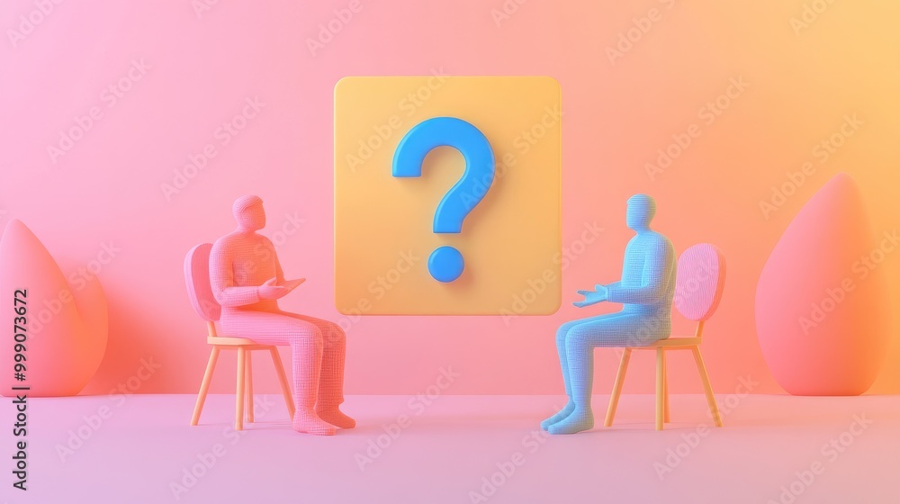 Two 3D figures sit in chairs facing a large question mark, representing ...