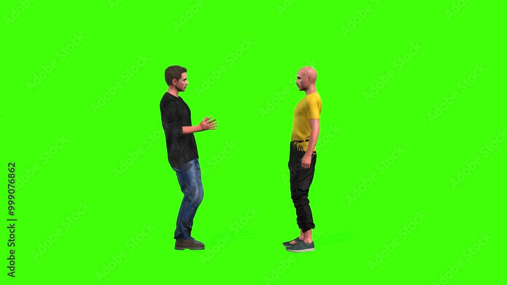 4k animation of two young men talking, with a walk cycle side camera ...