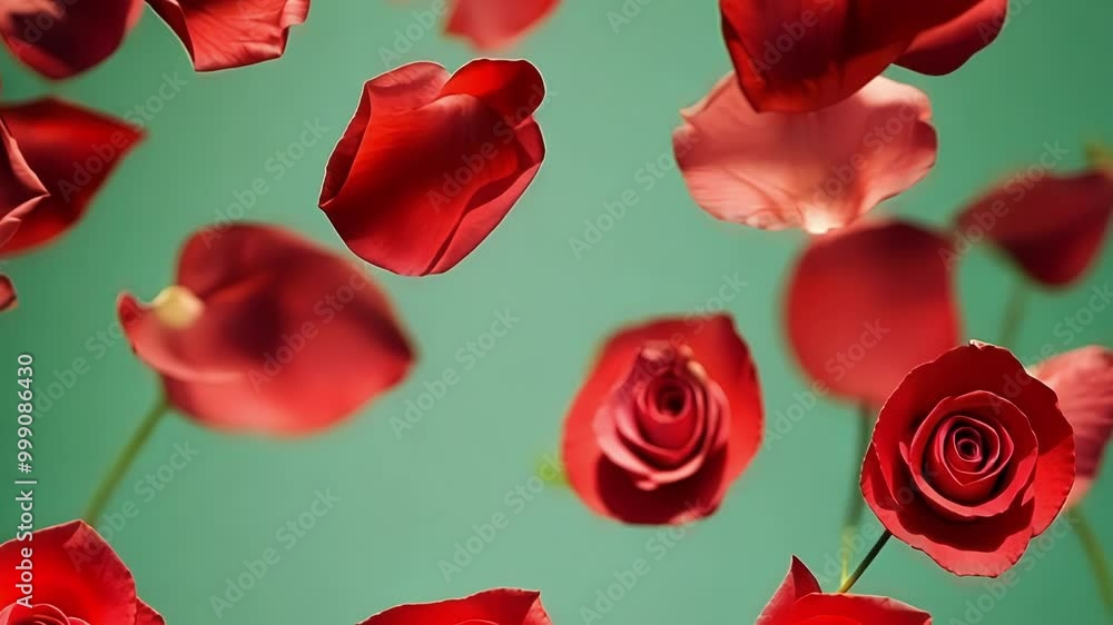Red rose petals slowly falling down on a green background, perfect for ...